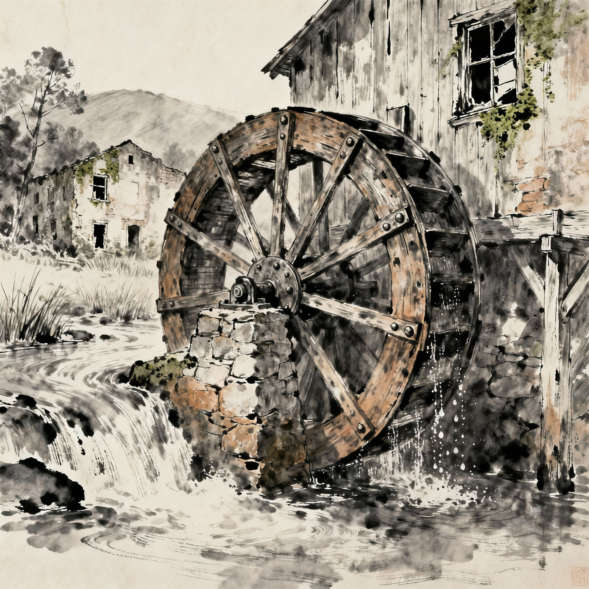 Water Wheel Drawings - AI Generated Art