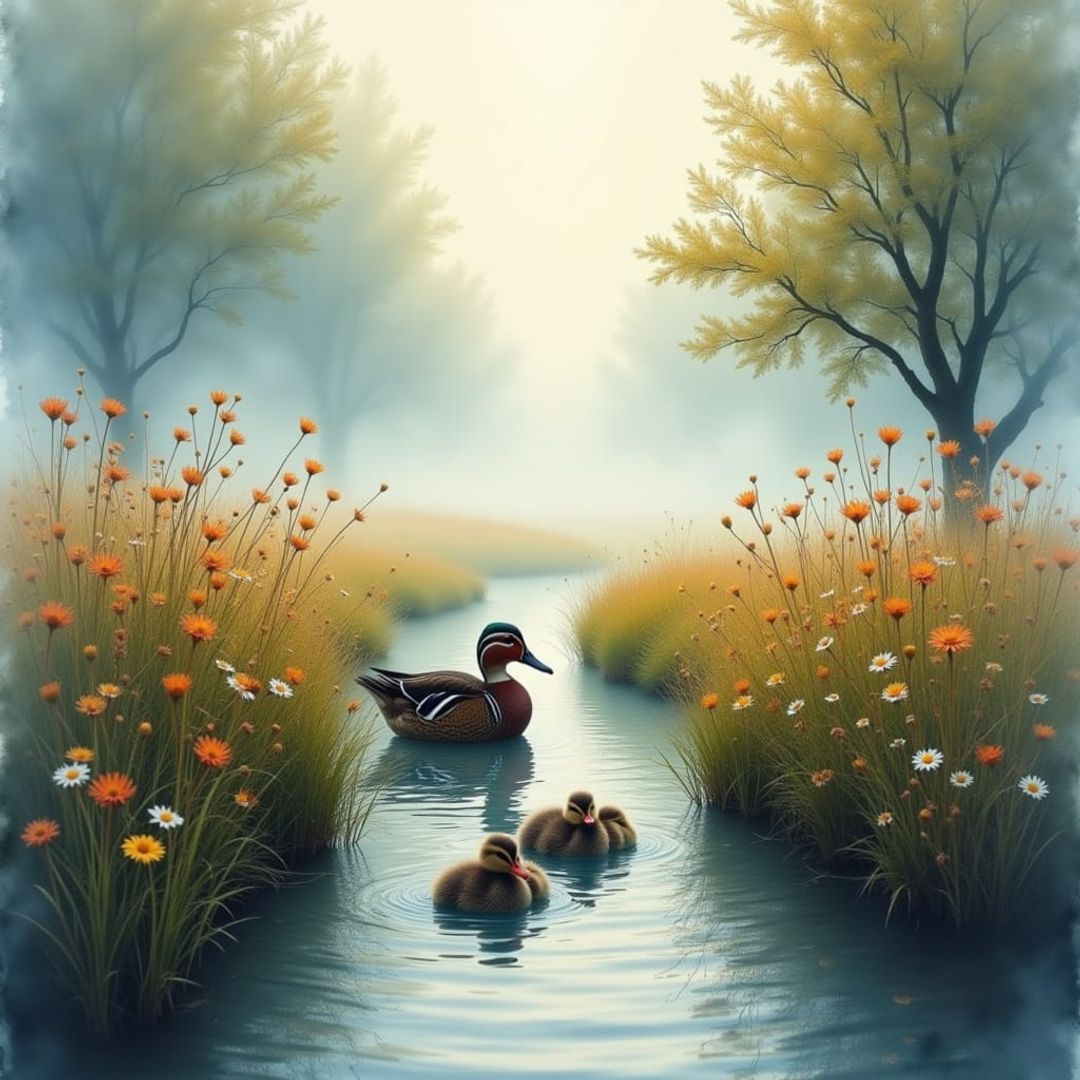 Wood Duck Family in Misty Wildflower Field - AI Art