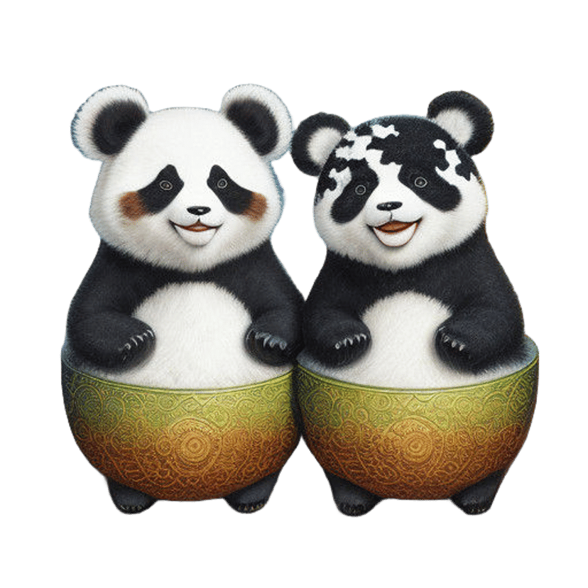 Two lovely pandas smiling and laughing, Anna Silivonchik, Sam Toft, Stewart Edmondson.