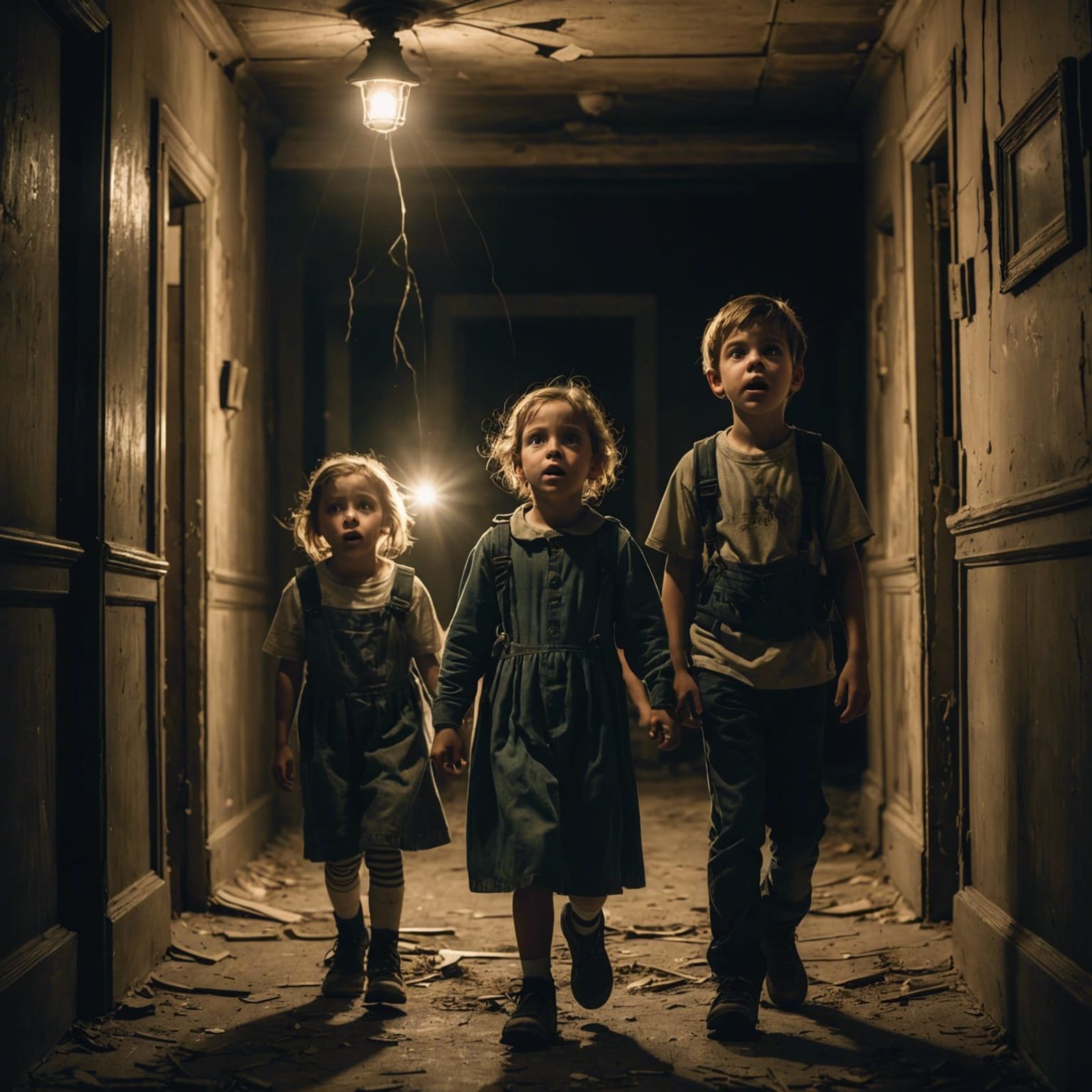 "A group of children, their faces illuminated by flashlight beams ...
