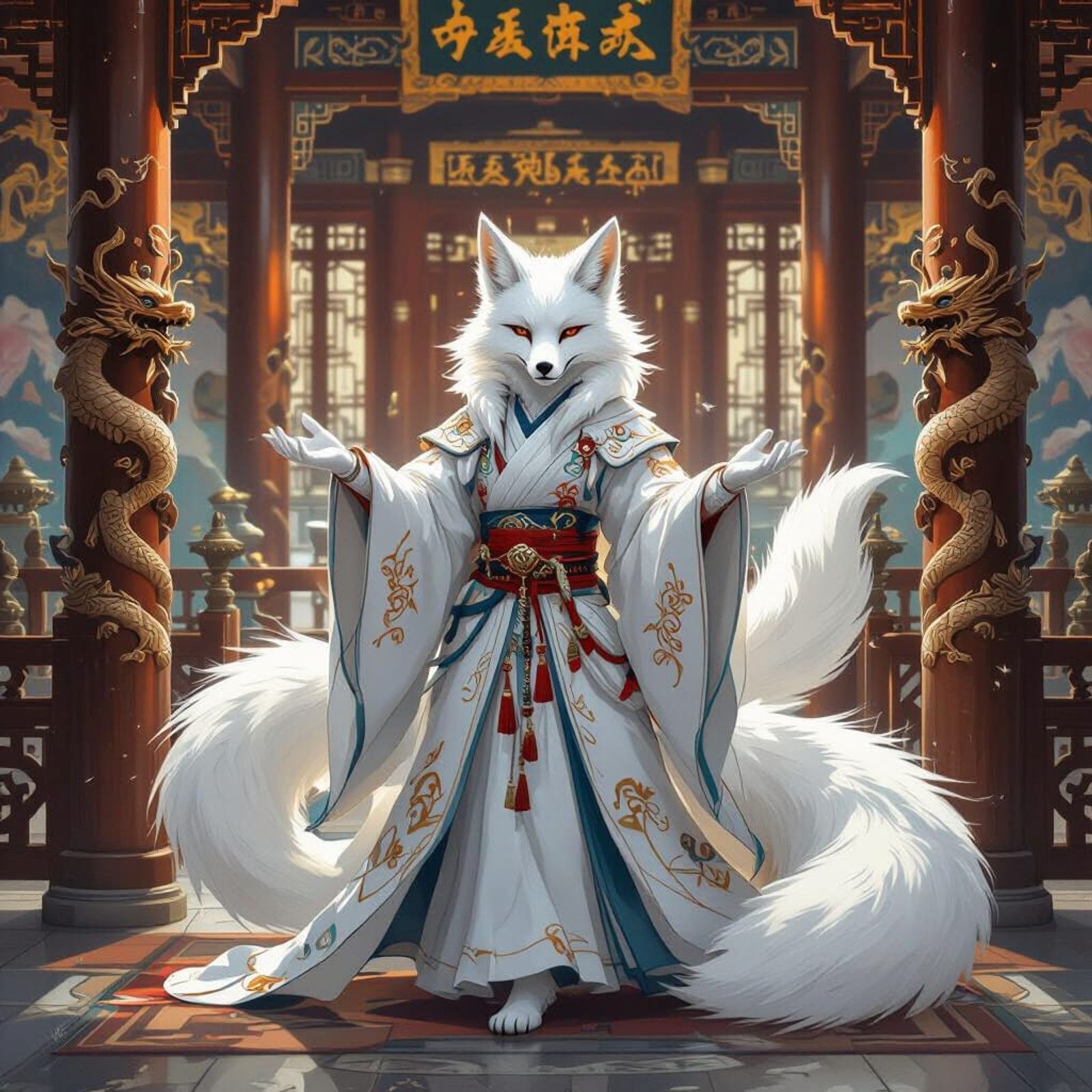 Foxy Magic! - White Fox in Ming Throne Room, Dreamlike Art