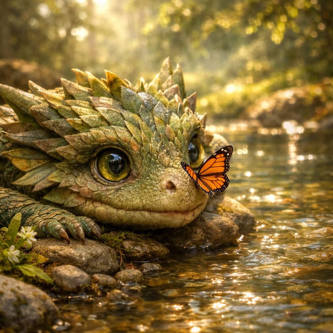 Small Dragon Resting by Stream with Butterfly - AI Art