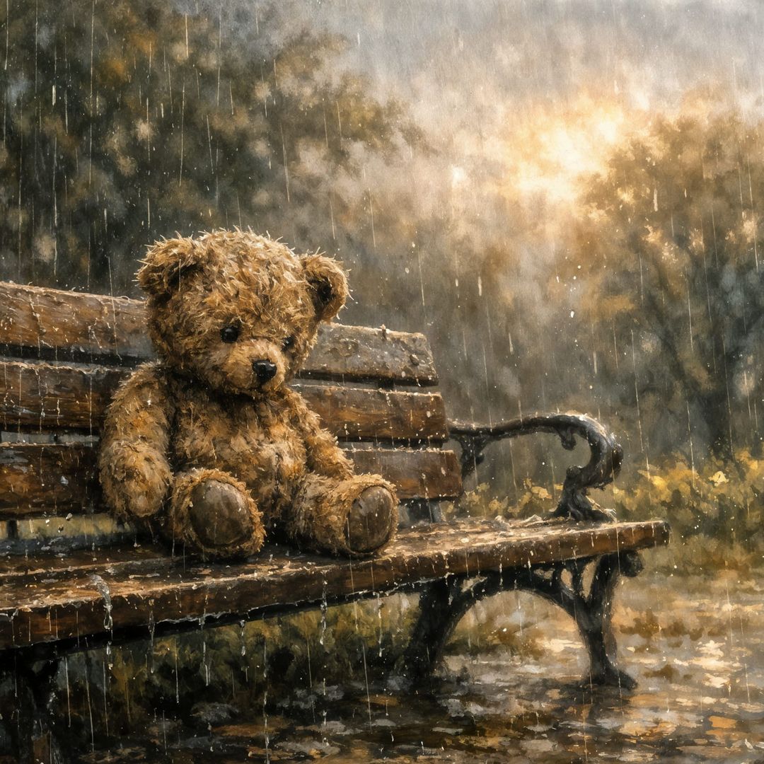 Left behind - Worn Teddy Bear on Park Bench in Gentle Rain