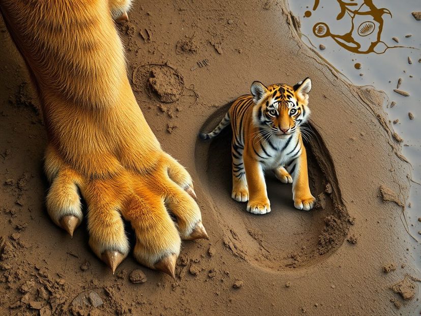 Tiger Footprint Landscape Reveals Baby Cub's Minia... - AI Art