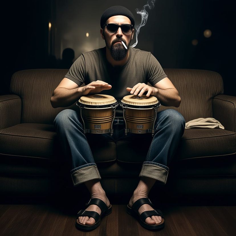 beatnik daddy-o - Beatnik Musician Playing Bongos on Couch