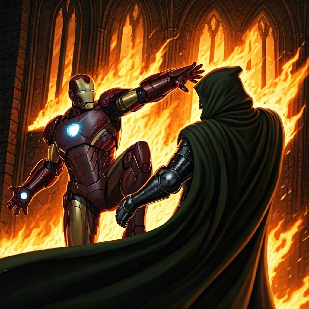 Iron Man Battles Dr Doom in a Blazing Castle