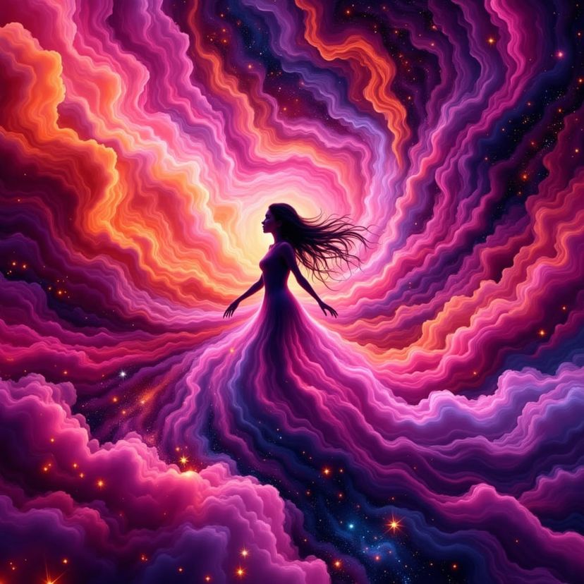 One With the Cosmic Colors - Woman Dancing Through Cosmic Co...
