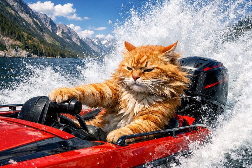 Gonna get that fish… yes - Orange Tabby Cat Races Speedboat ...