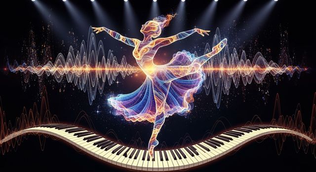 Luminous Sound Wave Dancer on Piano Keys - AI Art