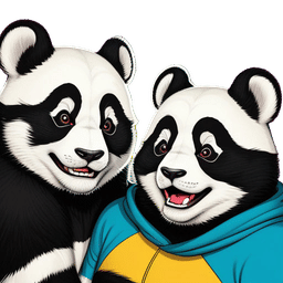 Two cute pandas, smiling and laughing, cartoon illustration.