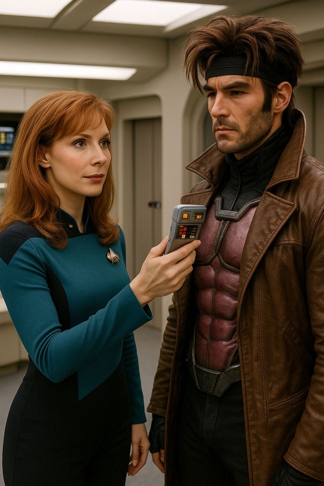 Gambit makes a heart appear on Beverly's tricorder