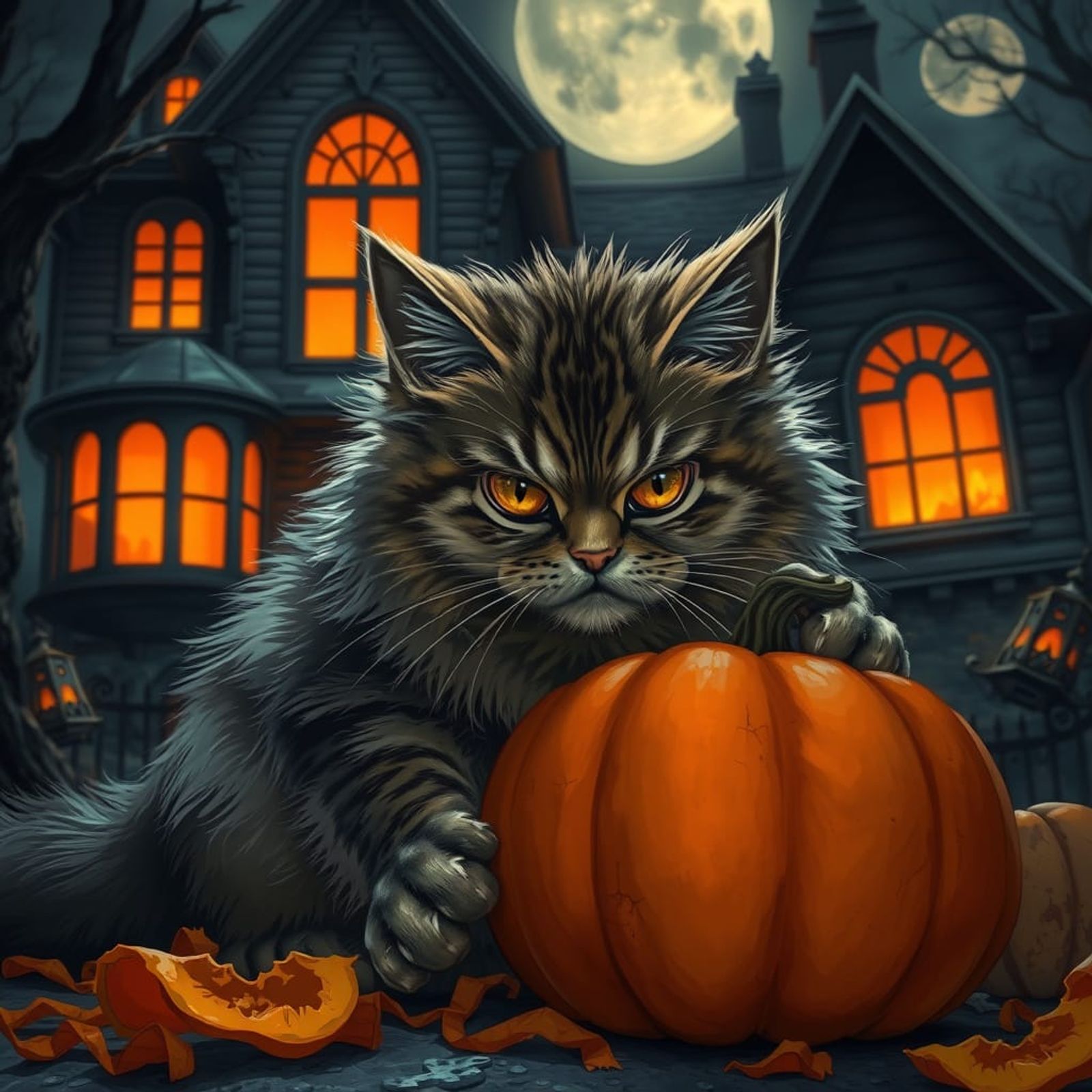 A cat carving a pumpkin on Halloween night.