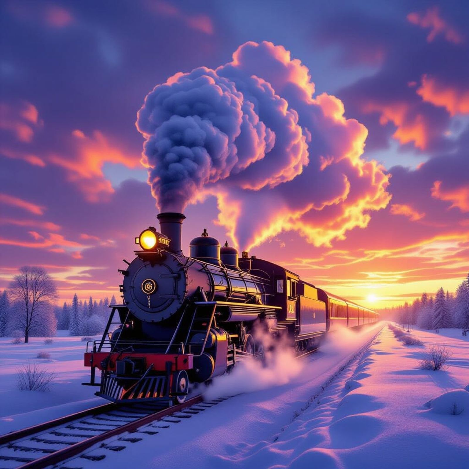 A Steam train - Majestic Steam Train at Sunrise in Snowy Lan...