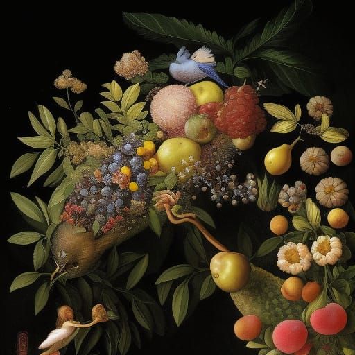 Chargée De fruits légers aux lèvres Parée De mille fleurs variées ...