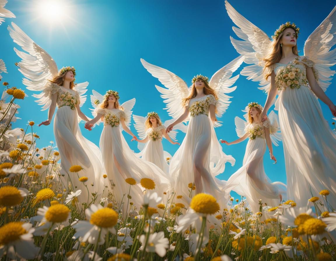 Translucent Angels Dancing among Flowers under Azu... - AI Art