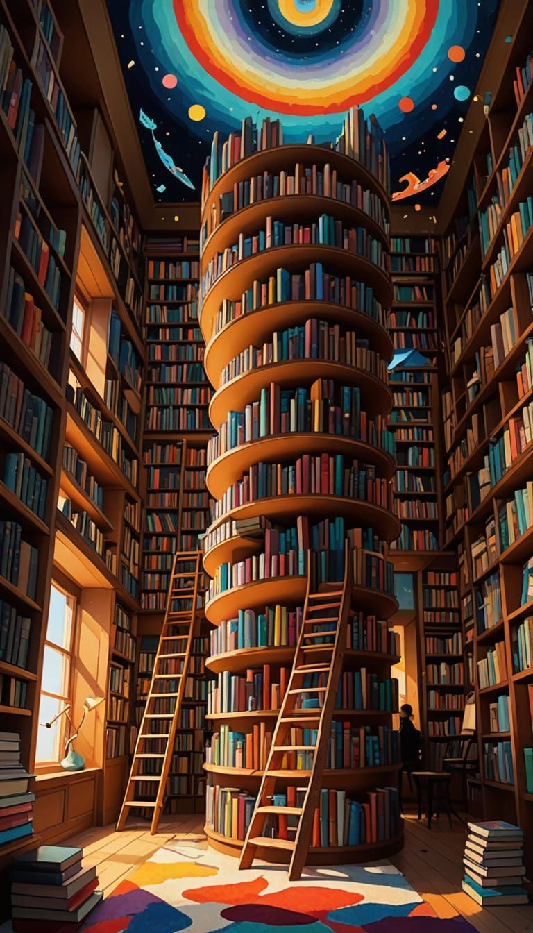 Surreal Library Bookshelf Radiates Ethereal Power - AI Art