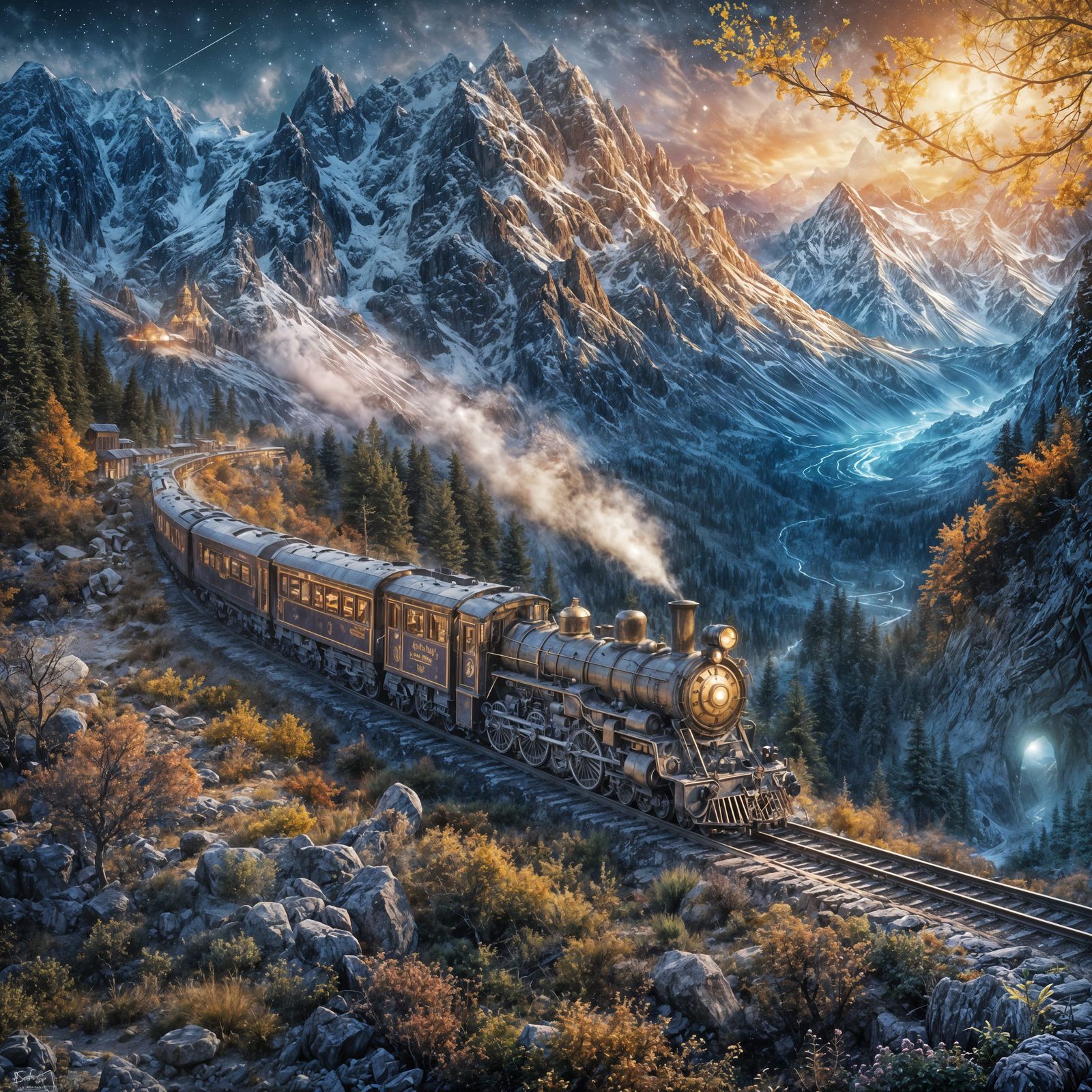 Mountain Passage - Ethereal Steampunk Train Amidst Starlit S...