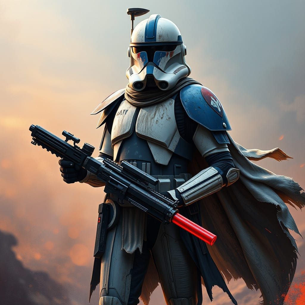 Battle-Scarred Clone Trooper in Weathered Armor - AI Art