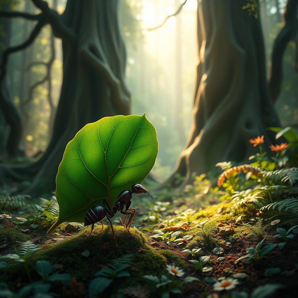 Tiny, Armored Ant in a Lush, Fantastical Forest - AI Art