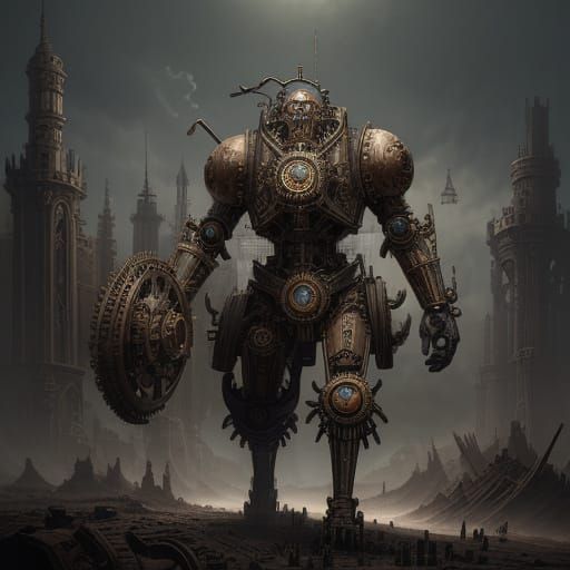 Colossal Steampunk Automaton Strides Across the Wa... - AI Art