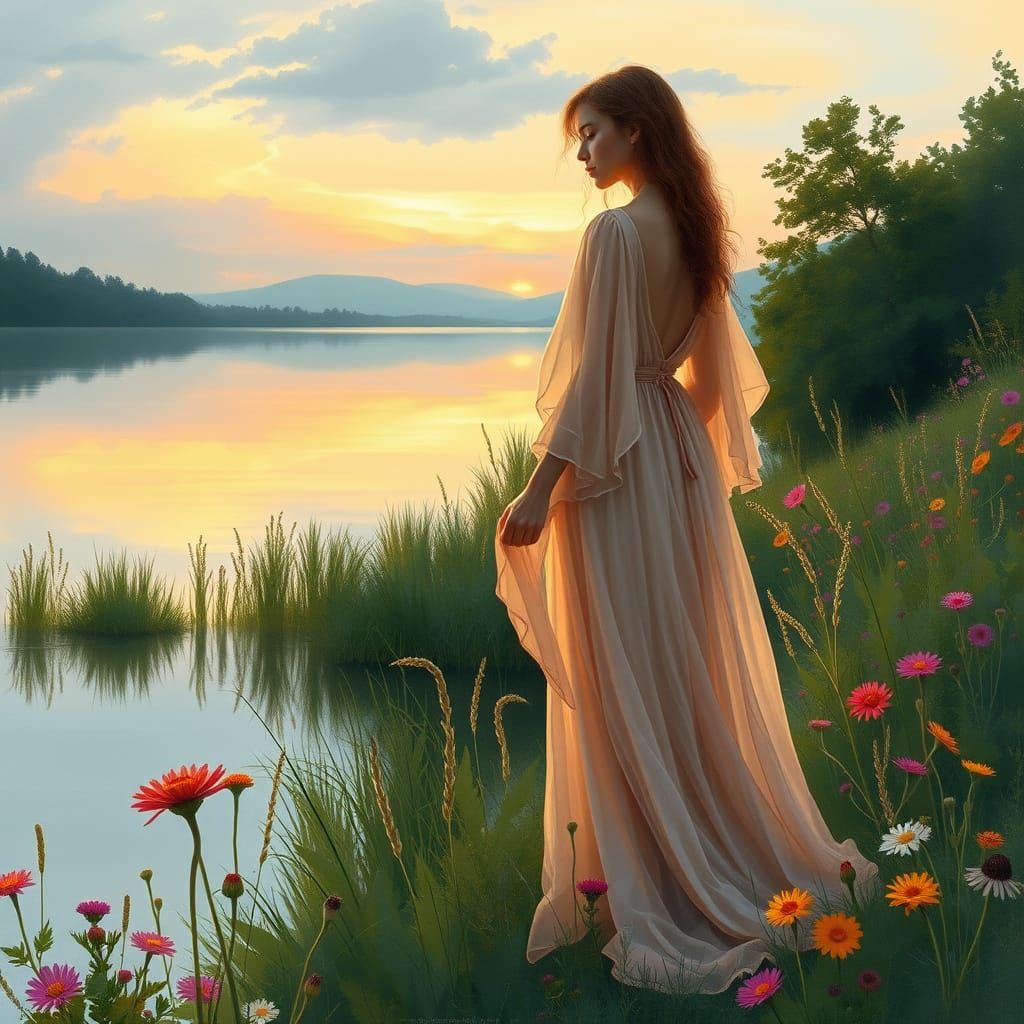 Ethereal Lady by Serene Lake in Dreamy Pre-Raphael... - AI Art
