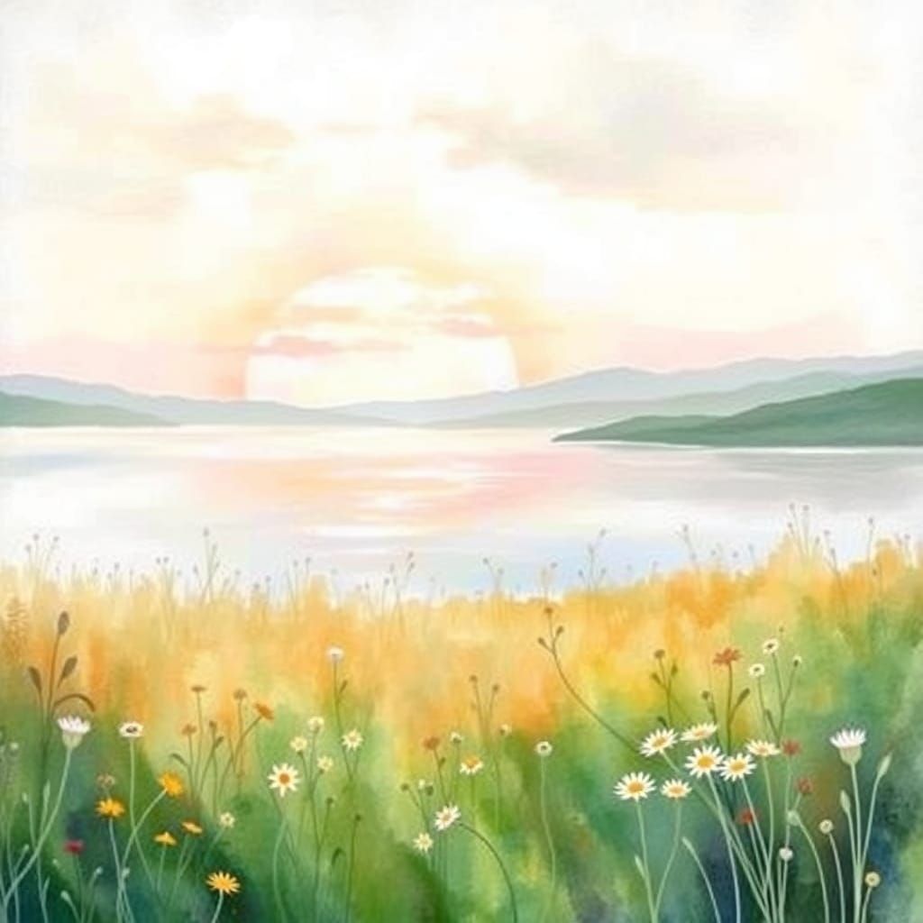Luminous Meadow - Luminous Watercolor Landscape at Dawn