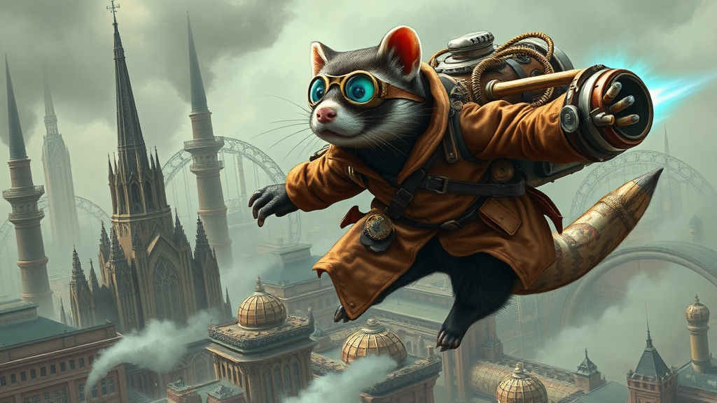 Steampunk Space Cowboy Ferret in Action Amidst Got... - AI Art