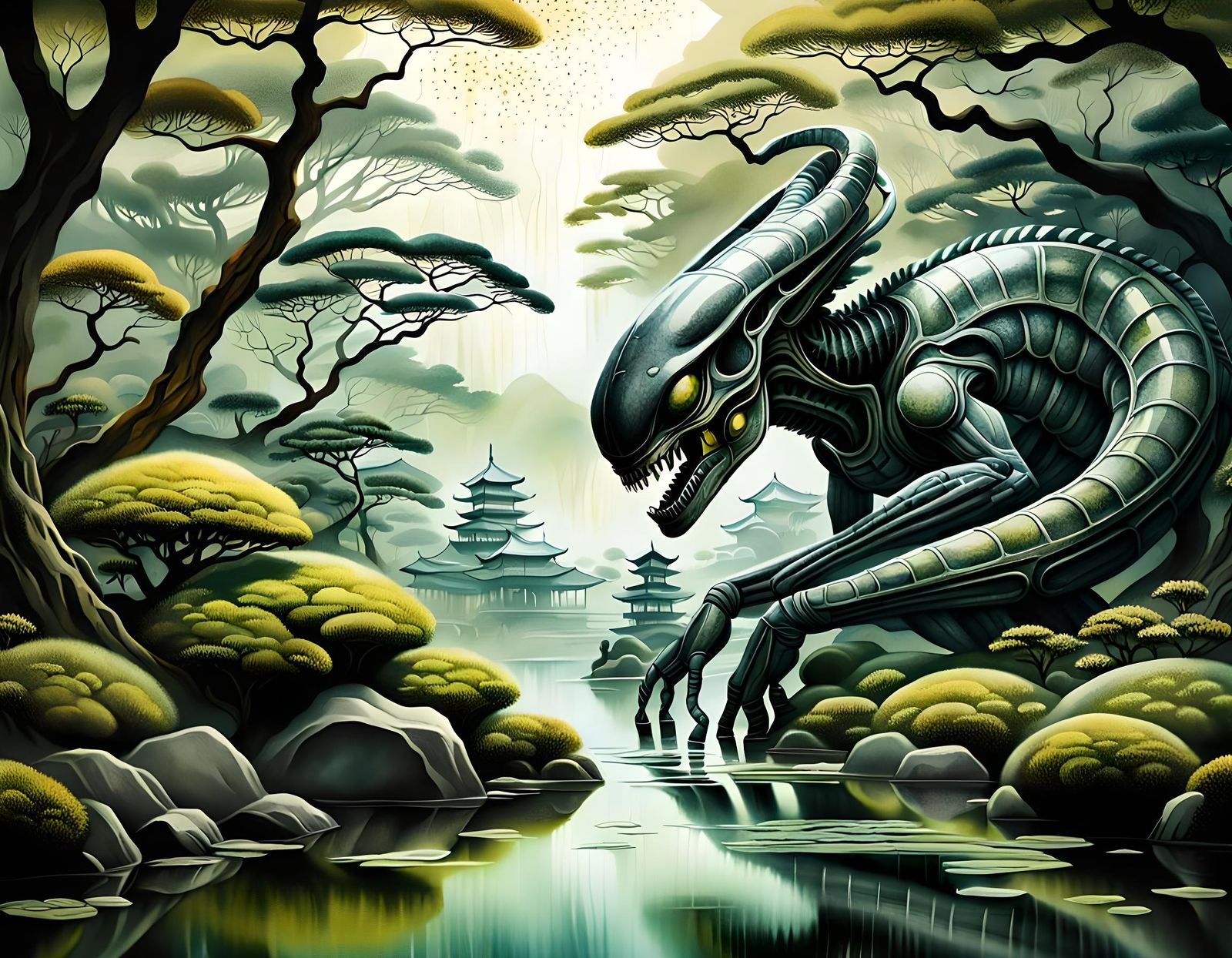an xenomorph in enchanted Japanese garden - AI Generated Artwork ...