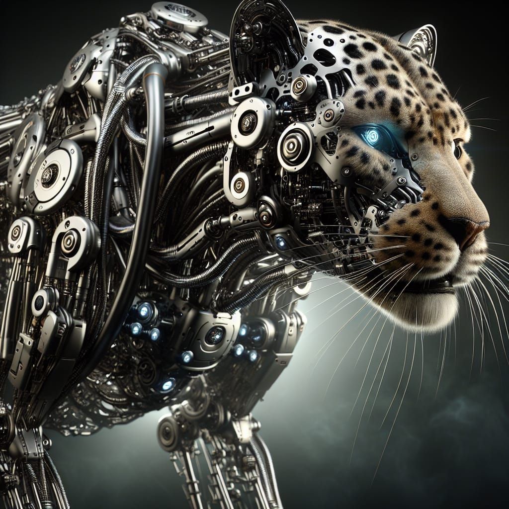 A majestic cyborg leopard with titanium skin, showcasing intricate ...
