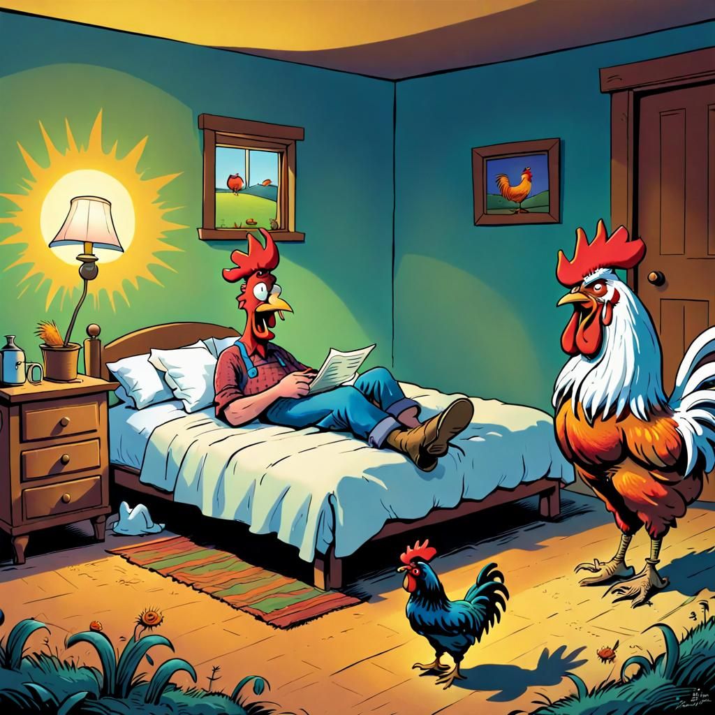 Sleeping farmer receiving a startling wake up from rooster crowing at ...