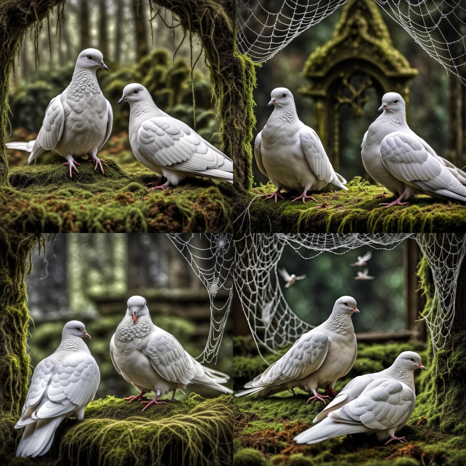 Two white doves waiting for peace covered partly in moss and spider ...