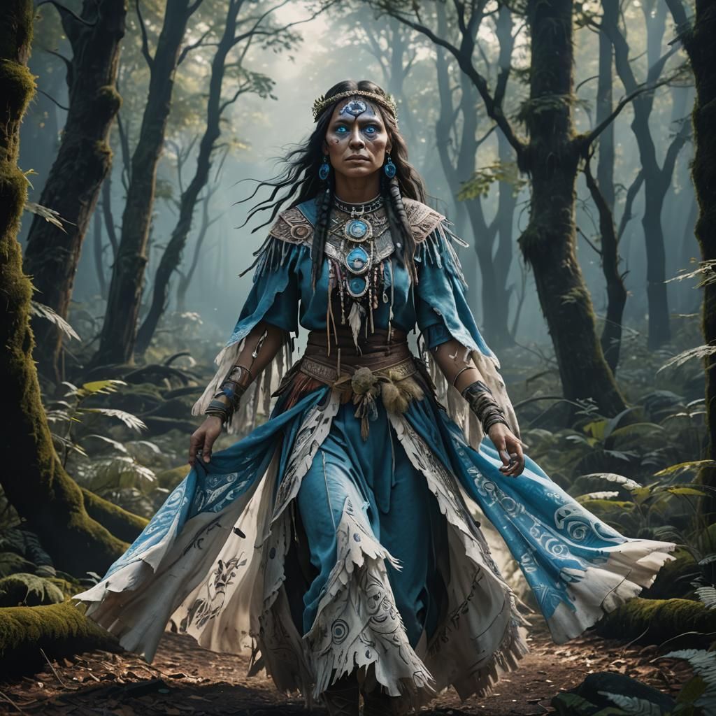 native american victorian era female ghost walking in the forest ...