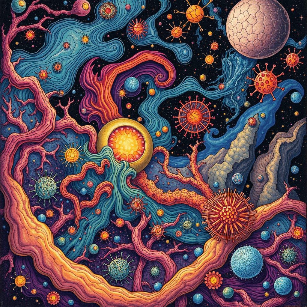 Durer-style illustration print. Micro cosmos, macro cosmos, ancestral memories, mitochondria ...