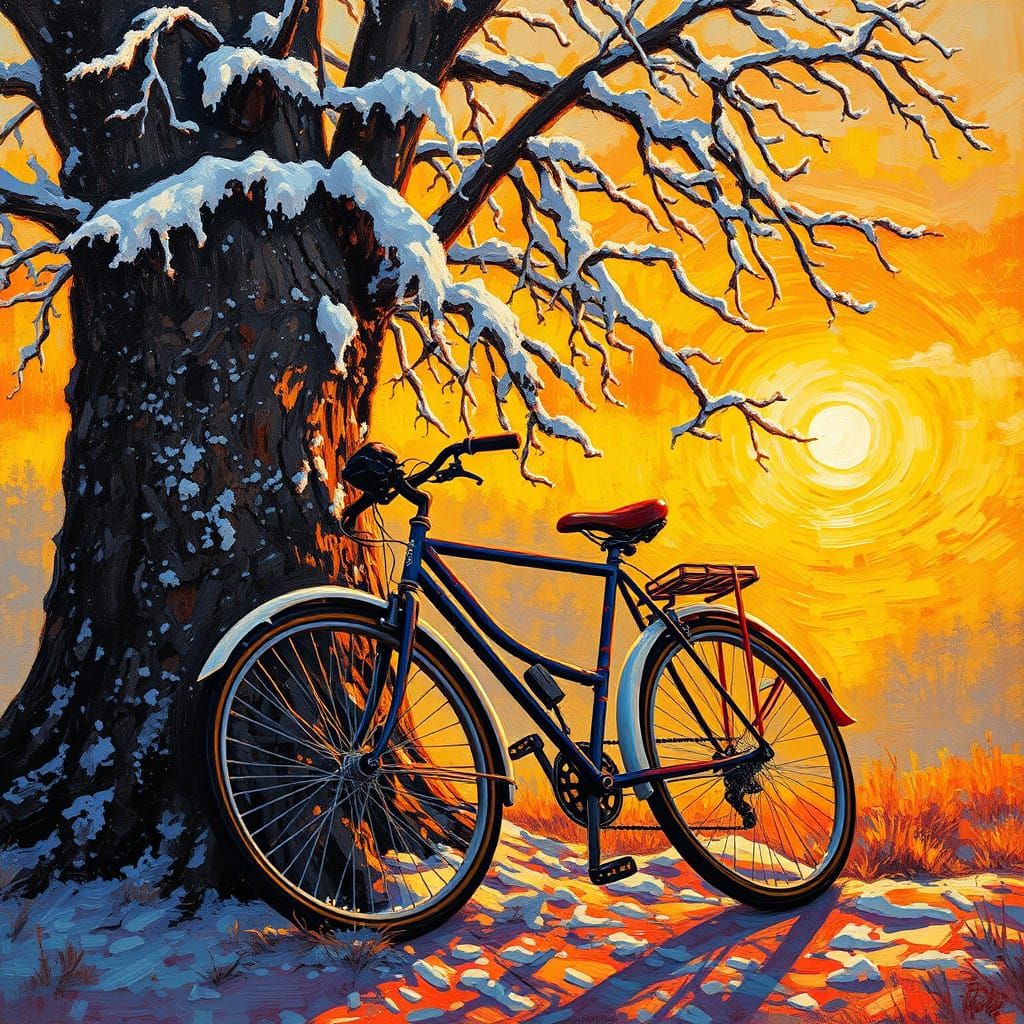 Photo of a bicycle leaning on a snowy tree, at sunset.