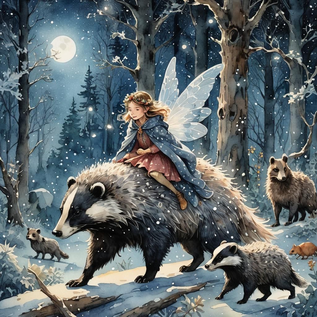 Small fairy riding a badger - Small fairy riding a badge...