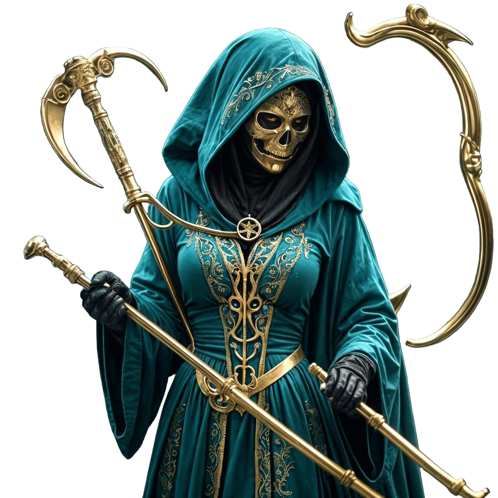 Female hooded reaper in teal robes, holding a gold scythe