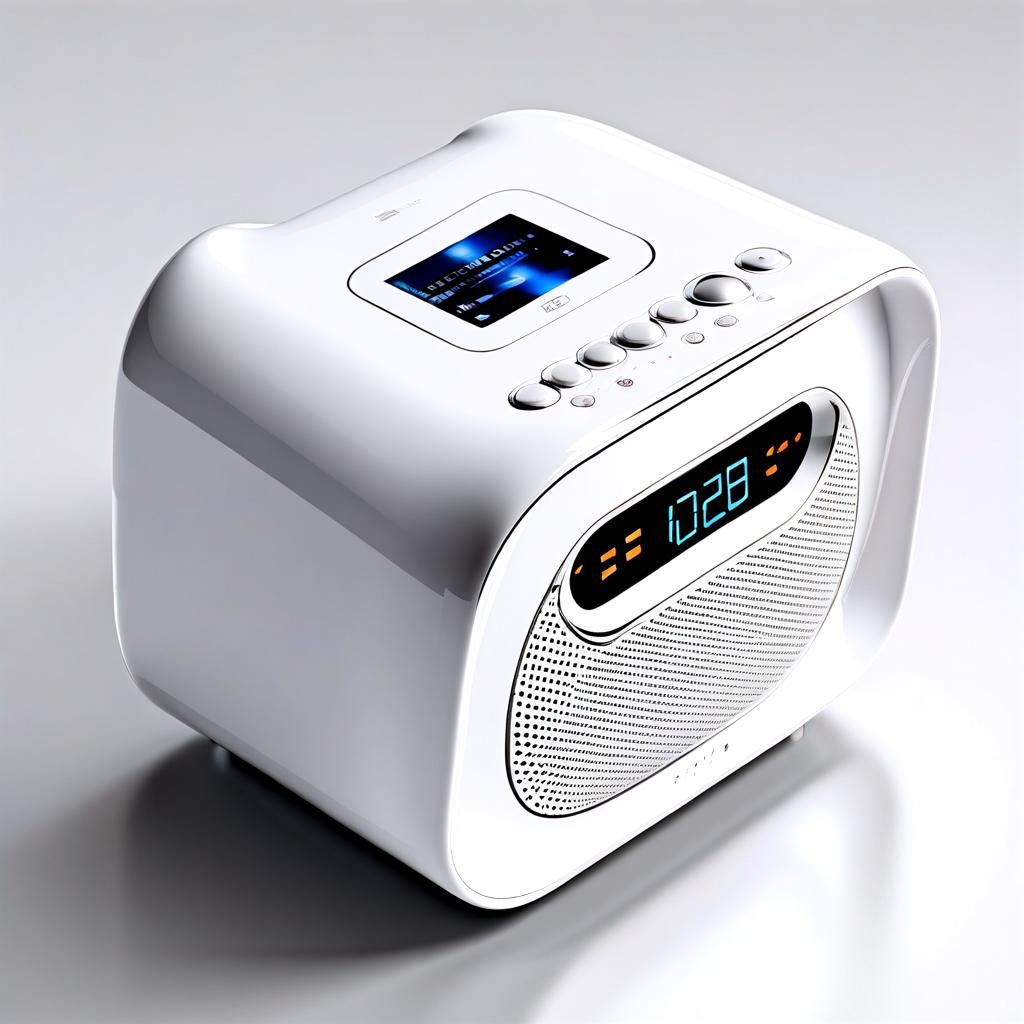 A sleek and compact futuristic radio in a vibrant glossy white color ...