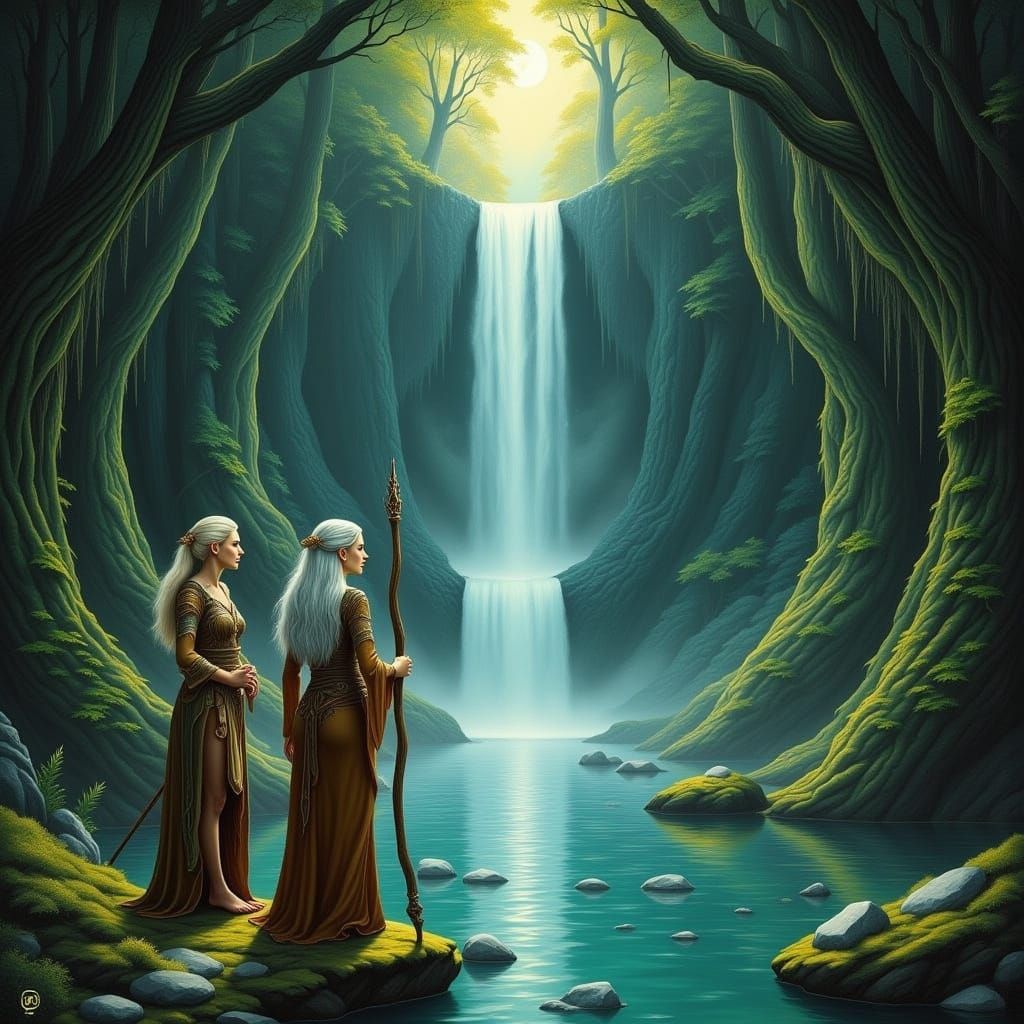 Elves in an Enchanted Cave Under a Majestic Waterf... - AI Art