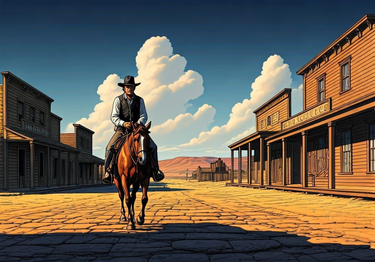 Ride Lonesome - Lone Cowboy Rides Through Abandoned Town