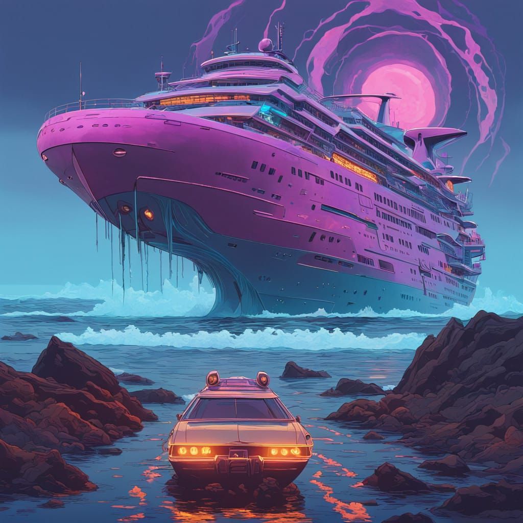 Surreal Futuristic Cruise Ship Glides Through Devi... - AI Art