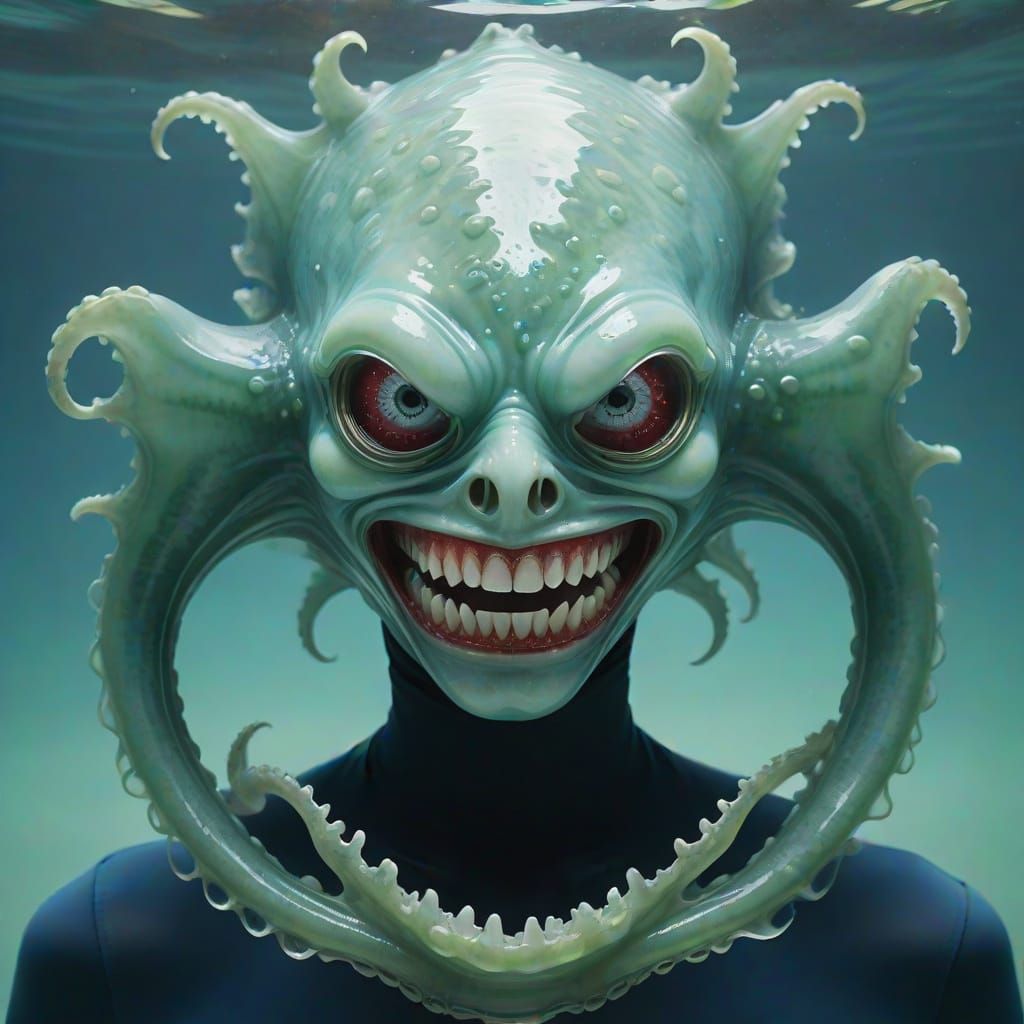 Surreal Close-Up of Person with Sea Creature Mask - AI Art