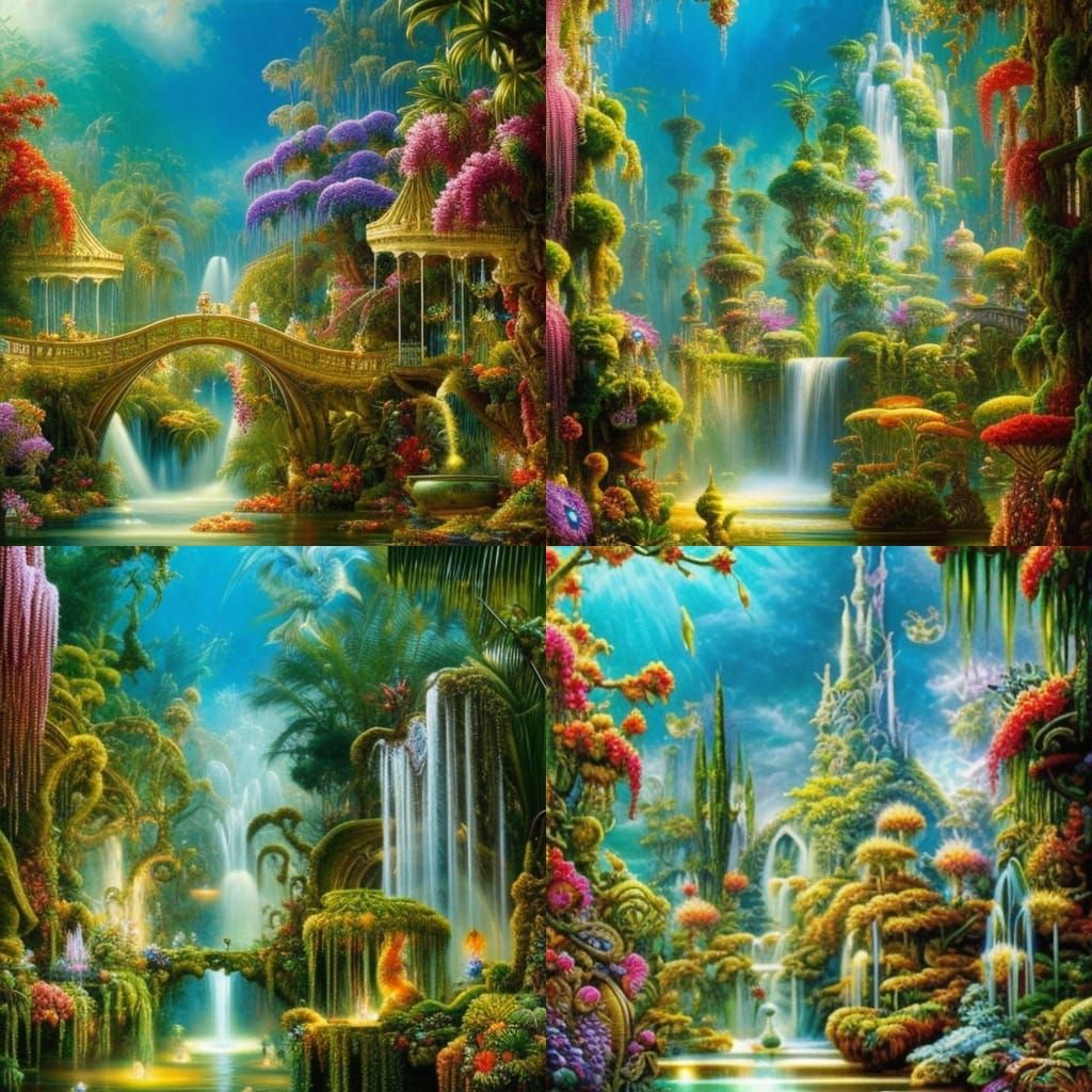 a fantastical water garden with lots of large fantastical highly ...