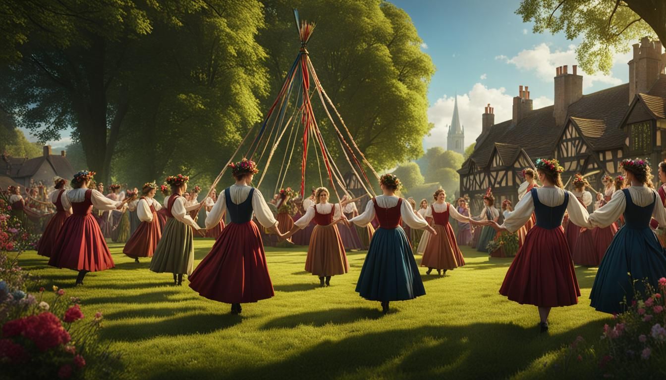 May Day on an English Village green with young women doing a ...