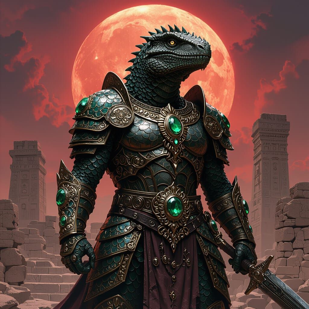 Lizardman Warrior Guarding Ziggurat in Dark Fantas... - AI Art