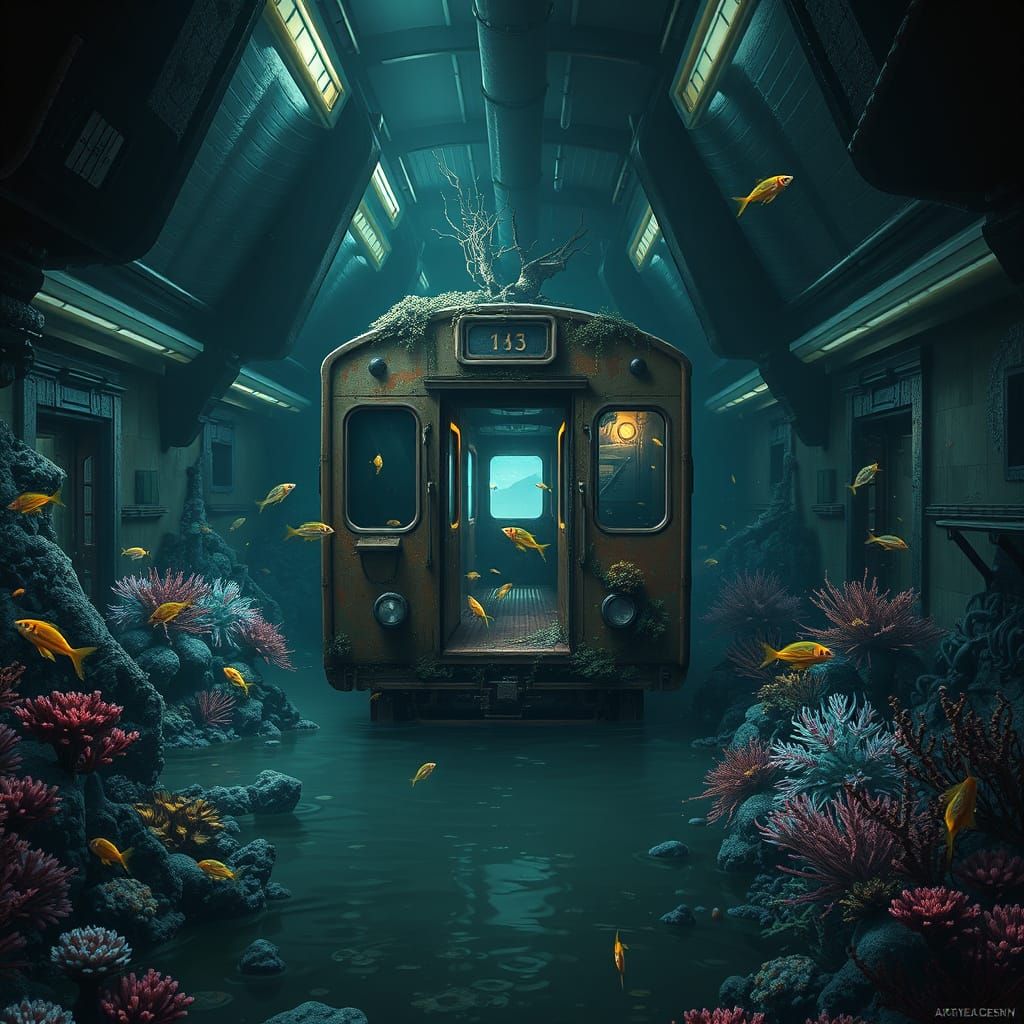 Abandoned Subway Station, Overgrown with Aquatic L... - AI Art