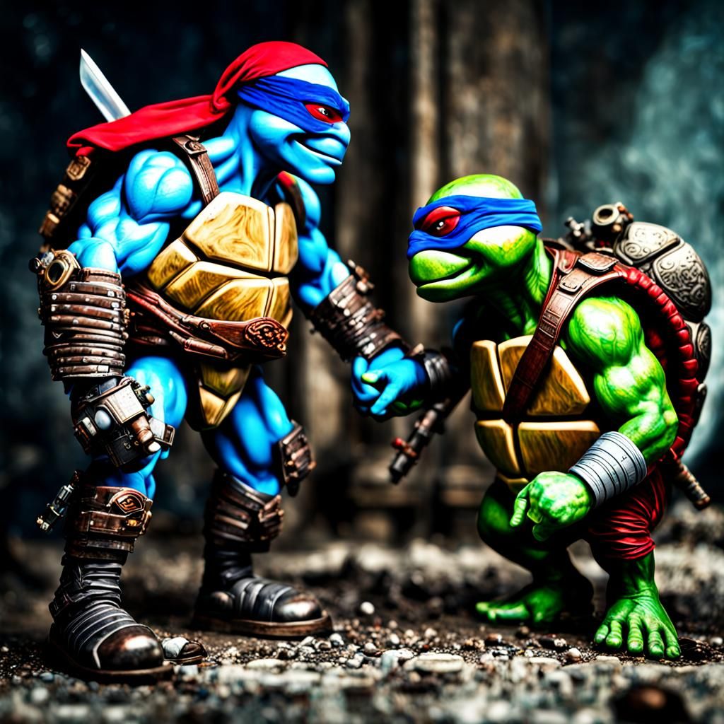 A battle between a ninja turtle and cyborg papa smurf - AI Generated ...