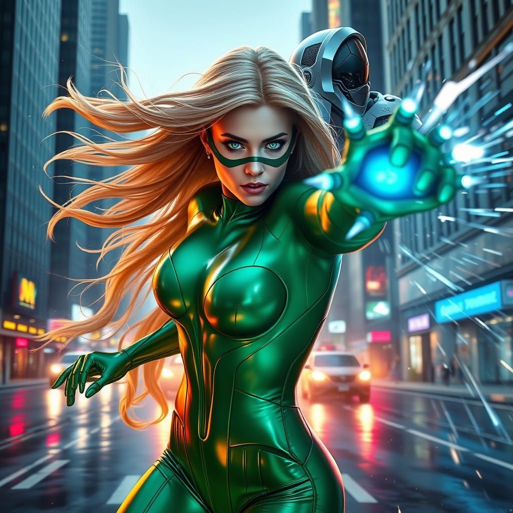 Emerald Goddess Battles AI Robot in Cyberpunk City... - AI Art