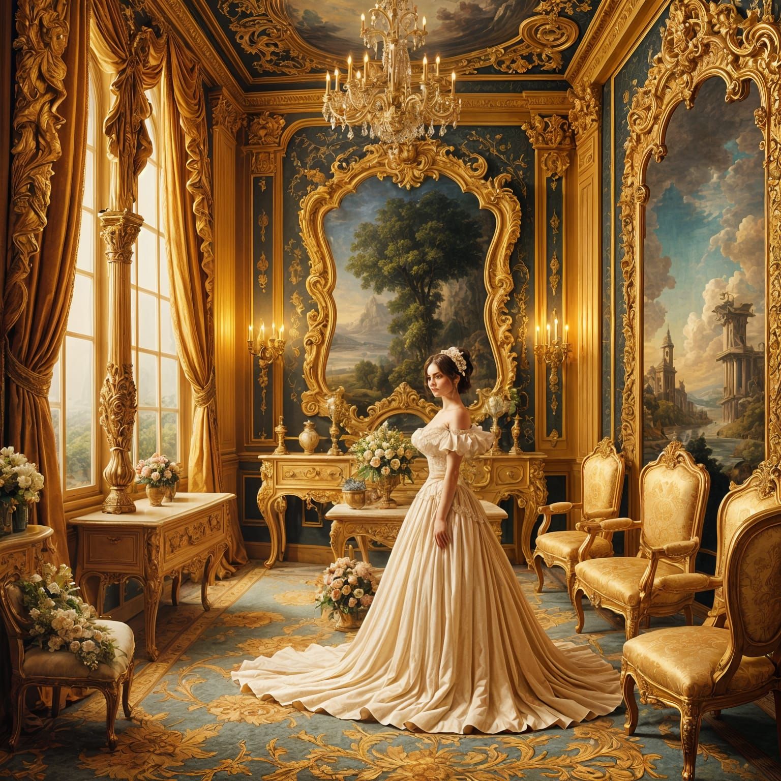 Golden luxurious rococo mansion room