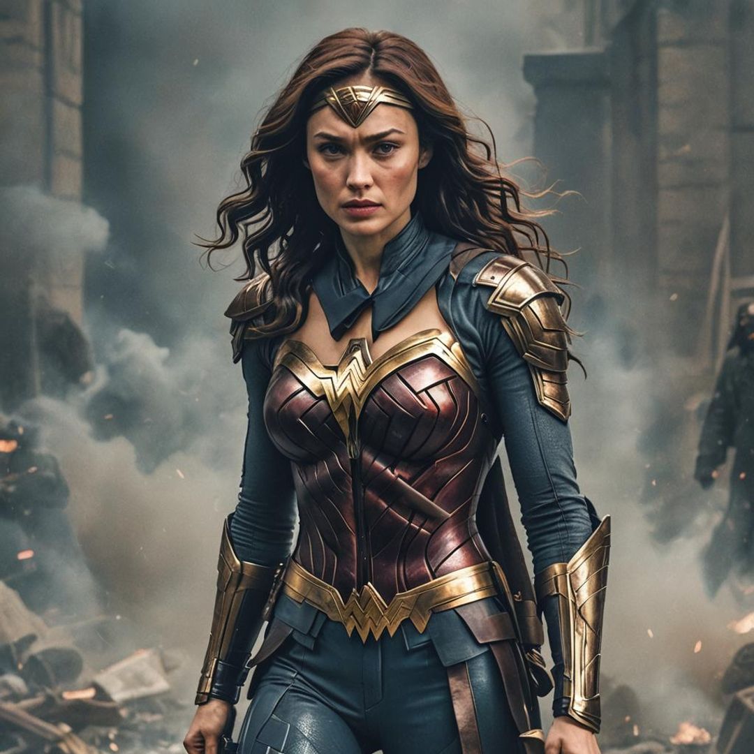 Por favor, crea una imagen de la actriz Olga Kurylenko como Wonder ...