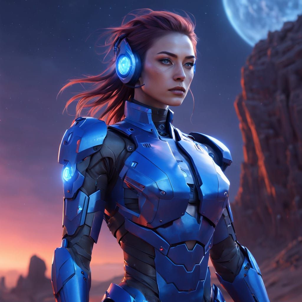 Futuristic Soldier Girl in Exo-Suit on Alien Plane... - AI Art